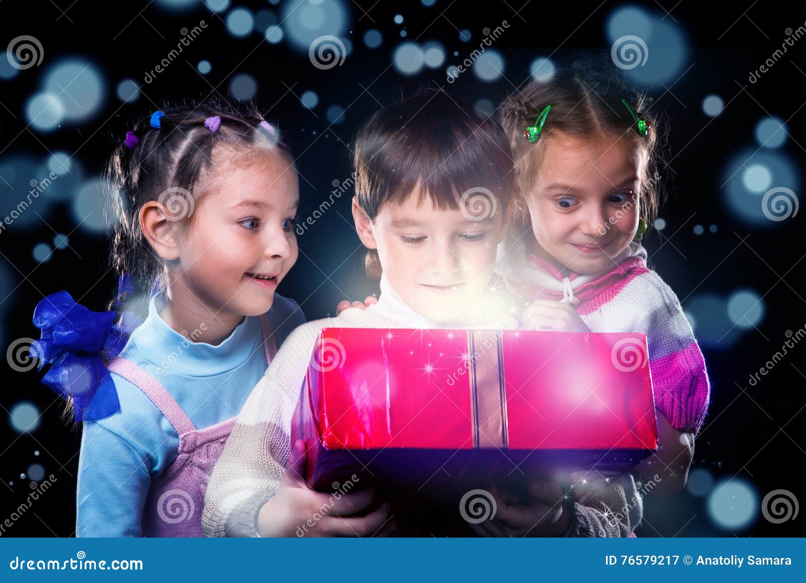 Happy Kids Open a Magic Present Box Stock Image - Image of enchanting ...