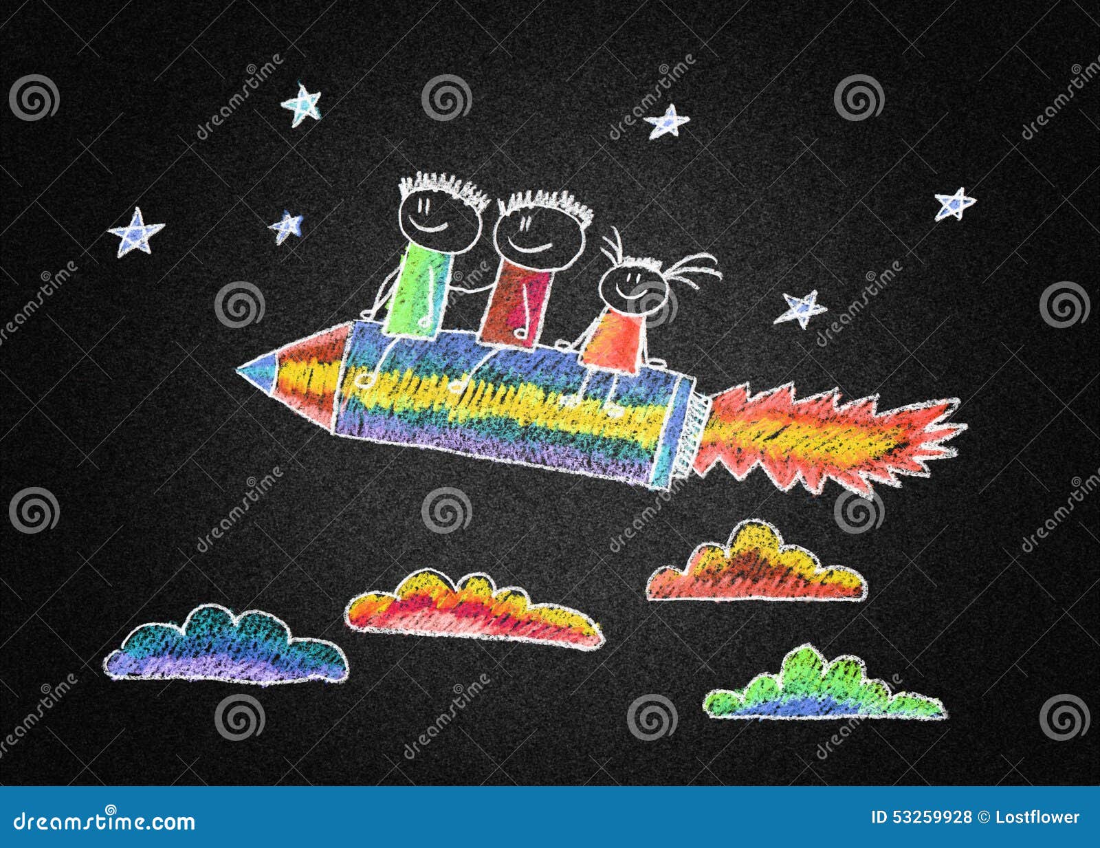 Happy Kids with Pencil Shaped Rocket Stock Illustration - Illustration ...