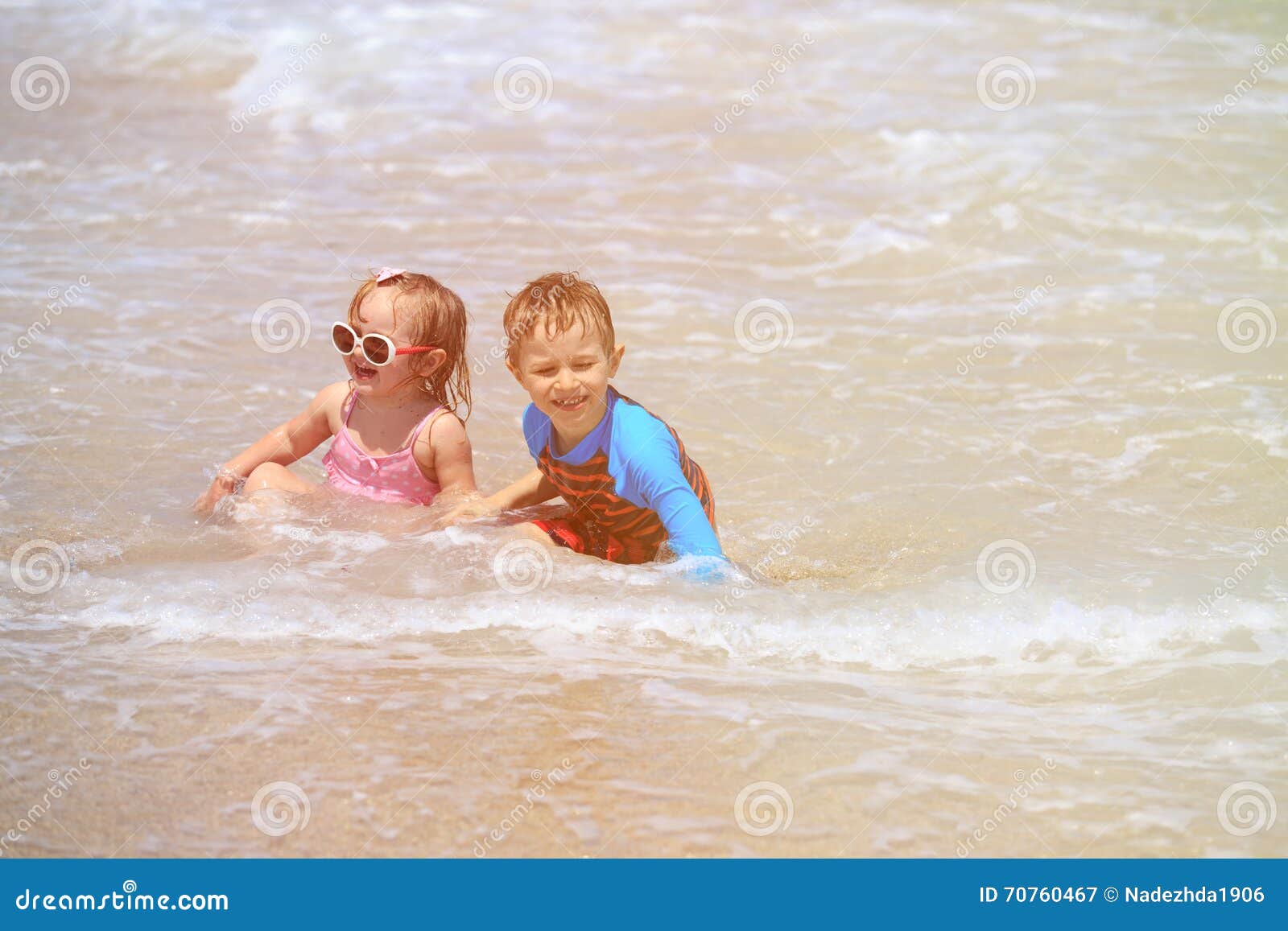 Happy Kids Play with Waves on Beach Stock Image - Image of emotion ...