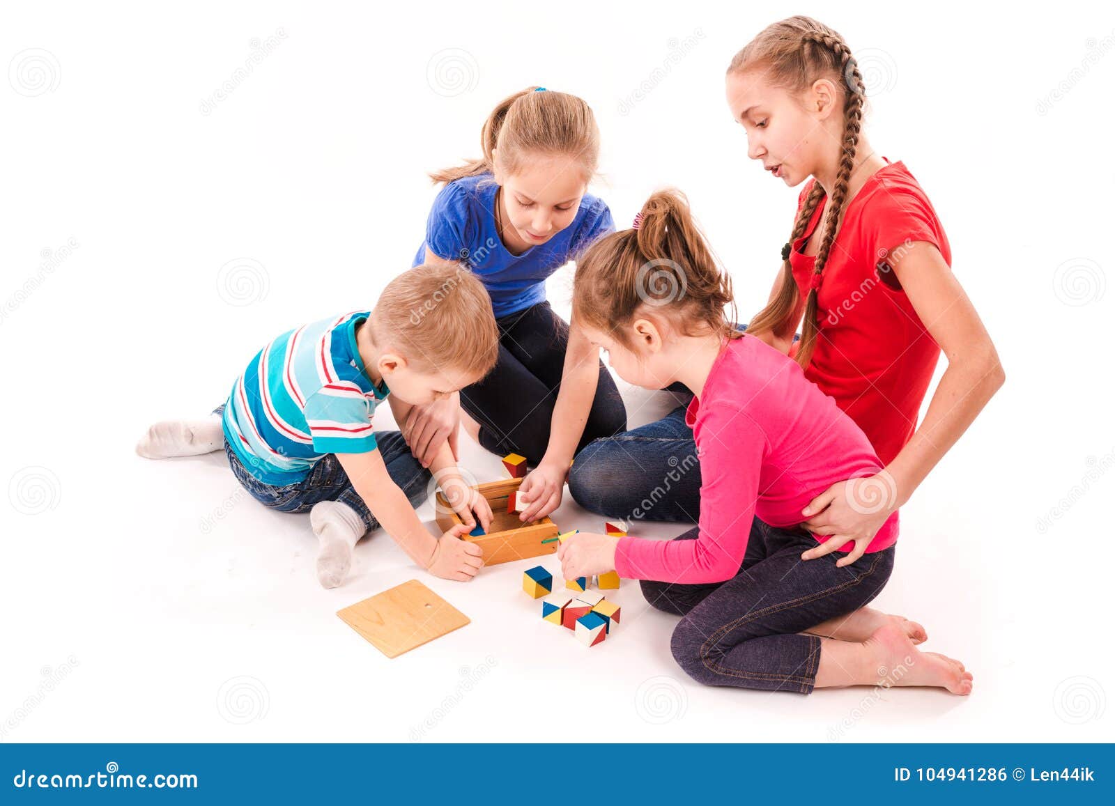 Happy Kids Playing with Building Blocks Isolated on White Stock Photo ...