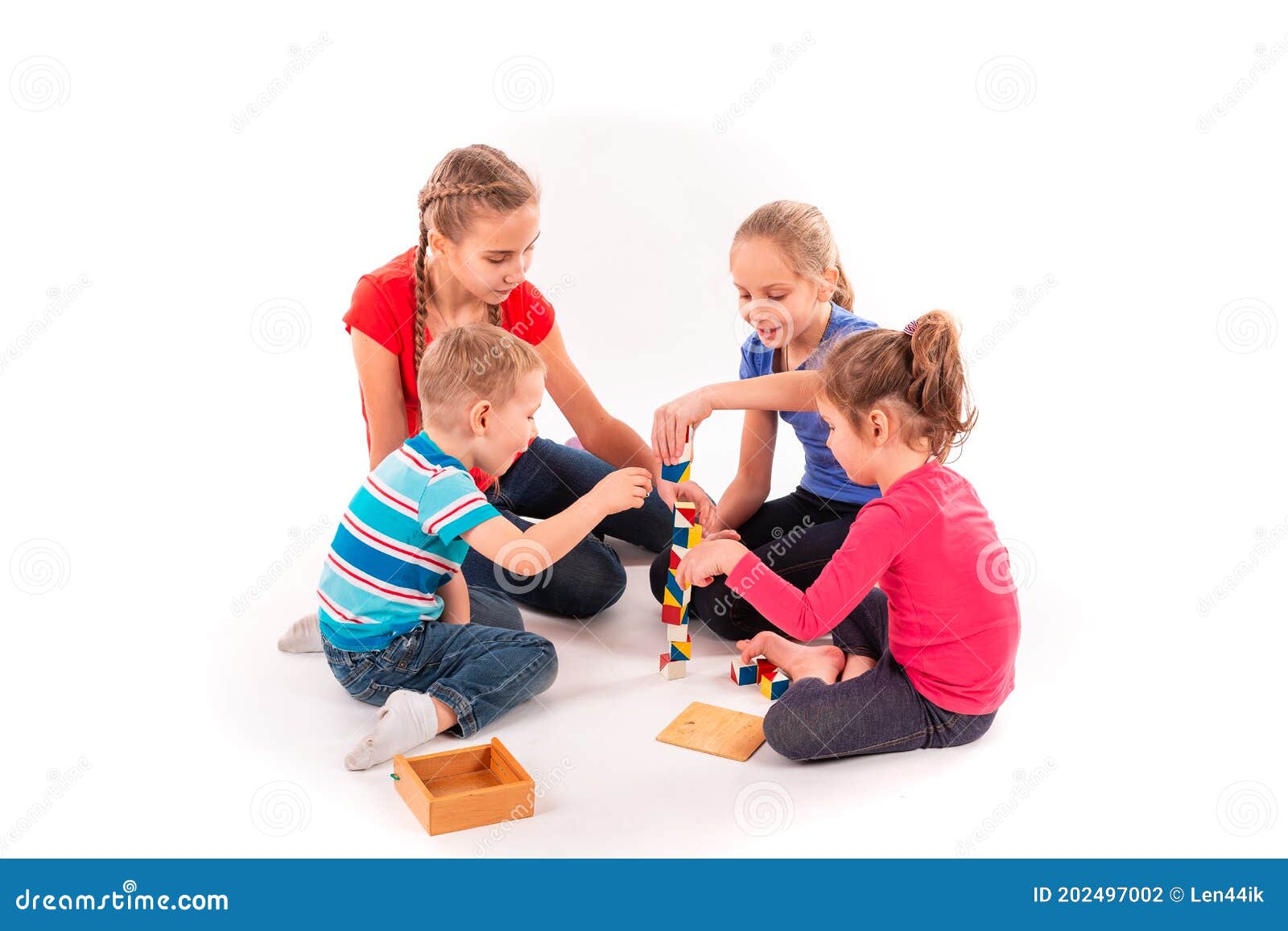 Happy Kids Playing with Building Blocks Isolated on White Stock Photo ...