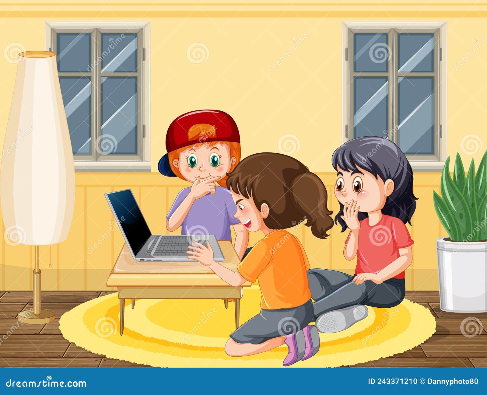 Happy Kids Playing Computer at Home Stock Vector - Illustration of ...
