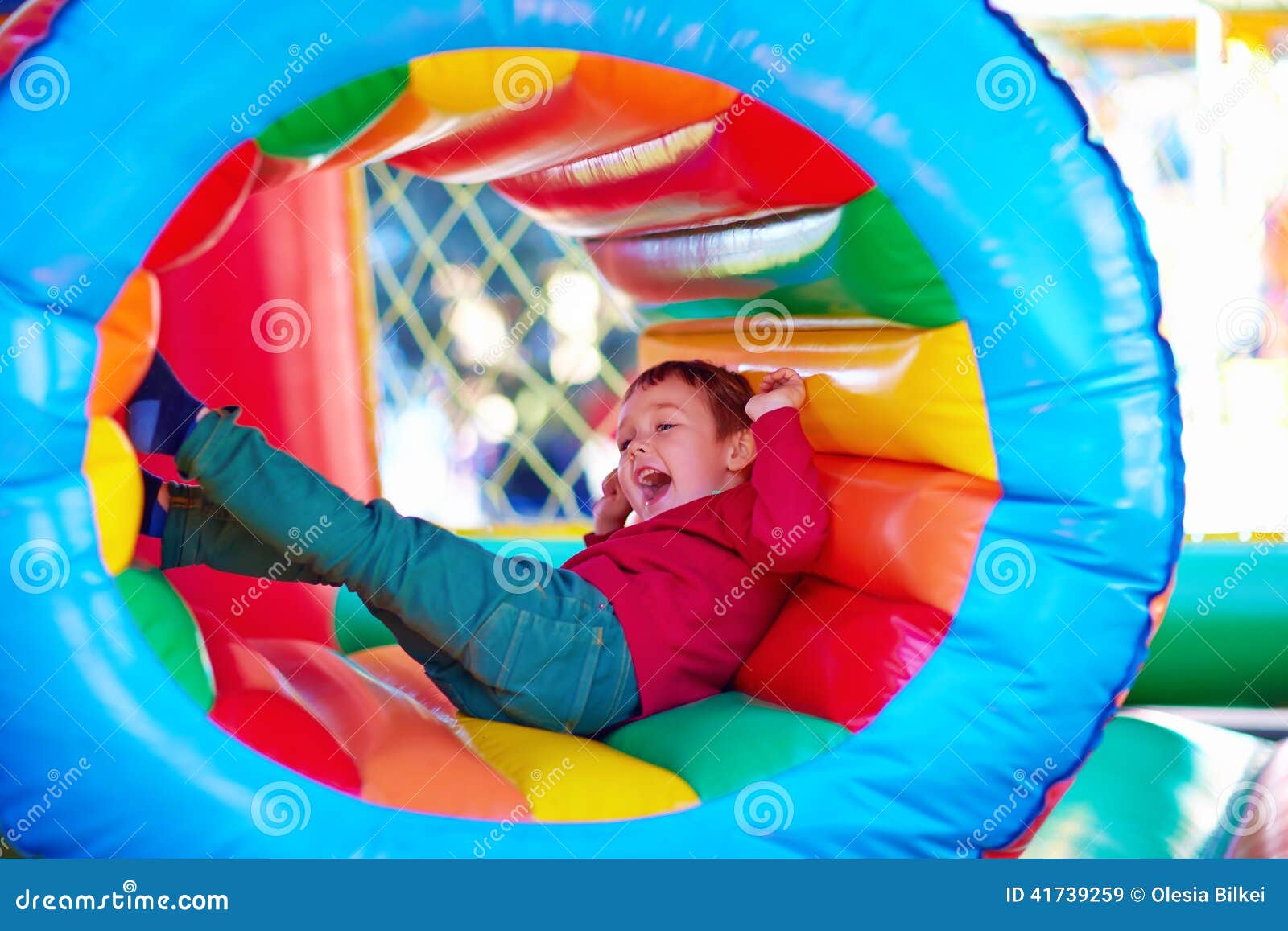 Happy Kids Playing on Inflatable Attraction Playground Stock Image ...