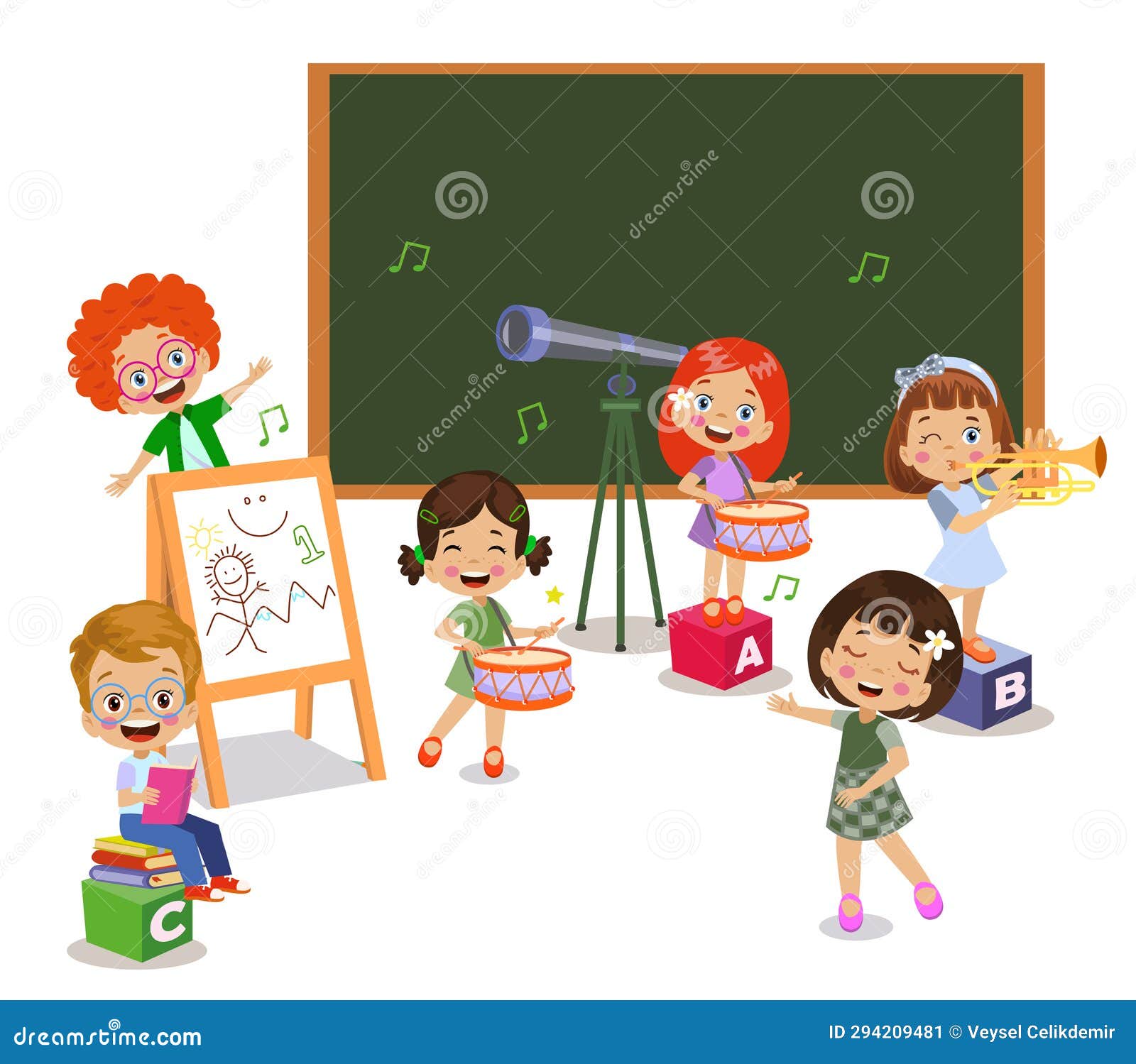 Happy Kids Playing Instruments and Singing in Class Stock Vector ...