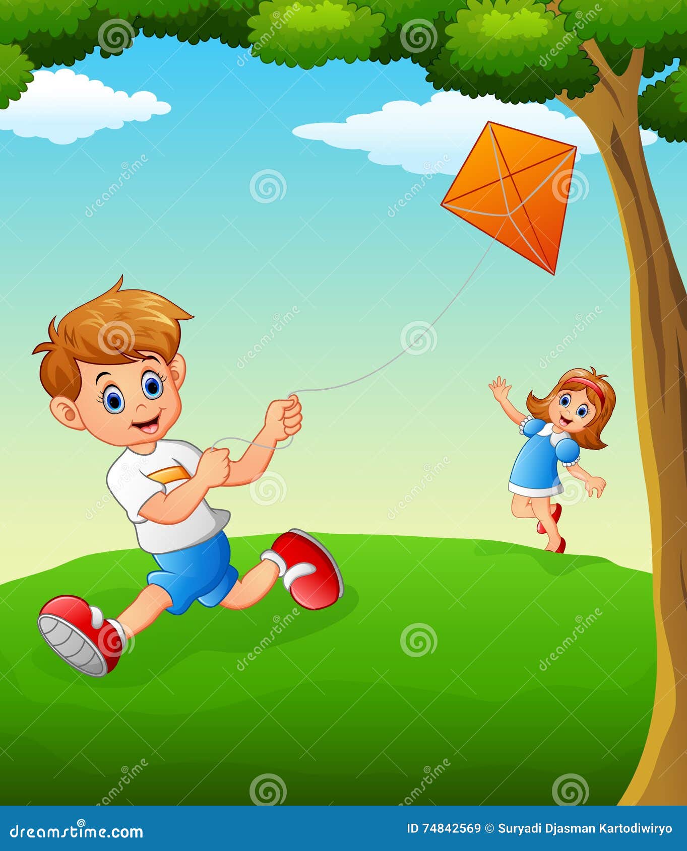 Happy kids playing kite stock vector. Illustration of flying - 74842569