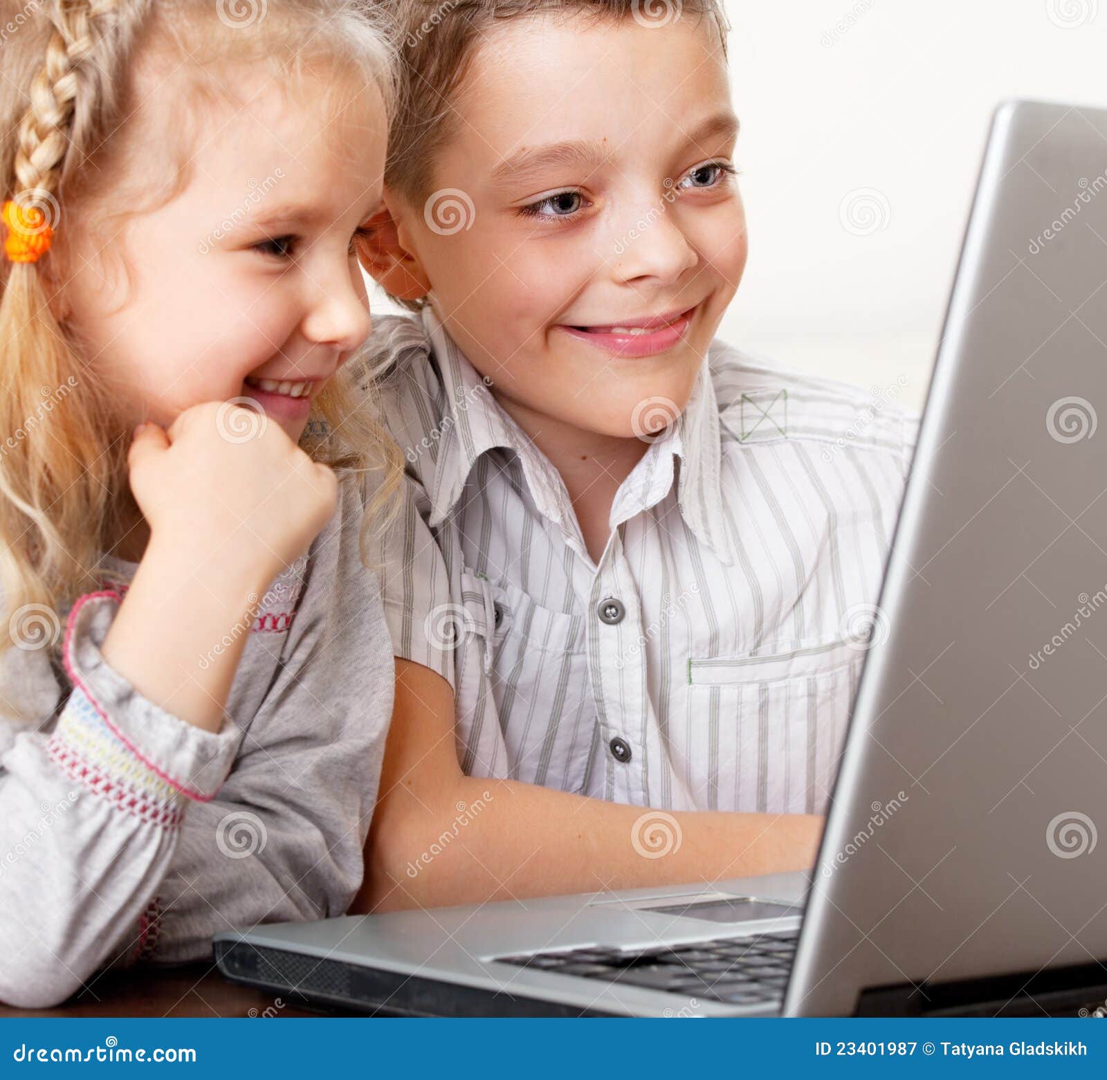 Happy Kids Playing Laptop at Home Stock Image - Image of happy, little ...