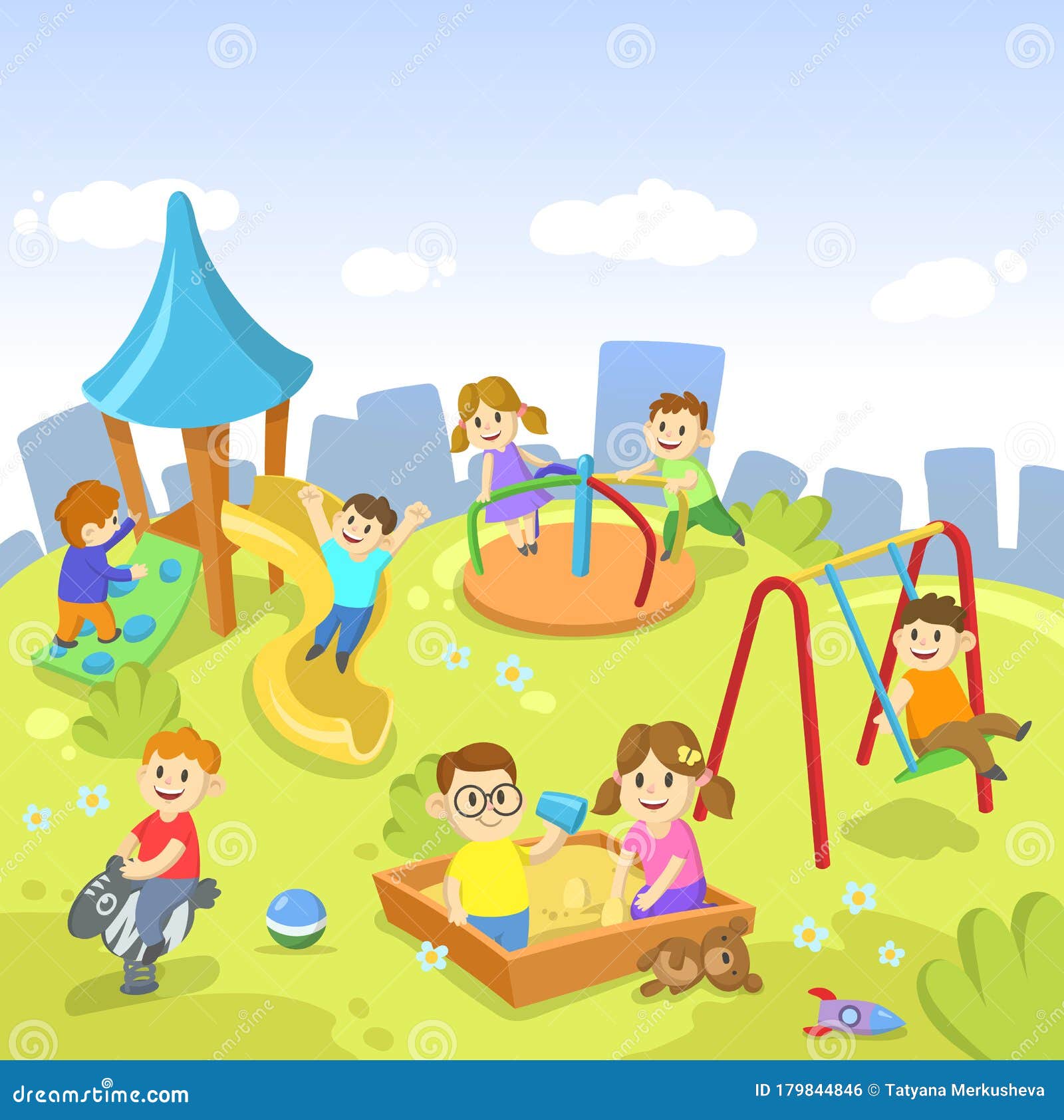 Cute Happy Cartoon Kids Playing In Playground Vector Illustration ... Cute Happy Cartoon Kids Playing In Playground Vector Illustration ...
