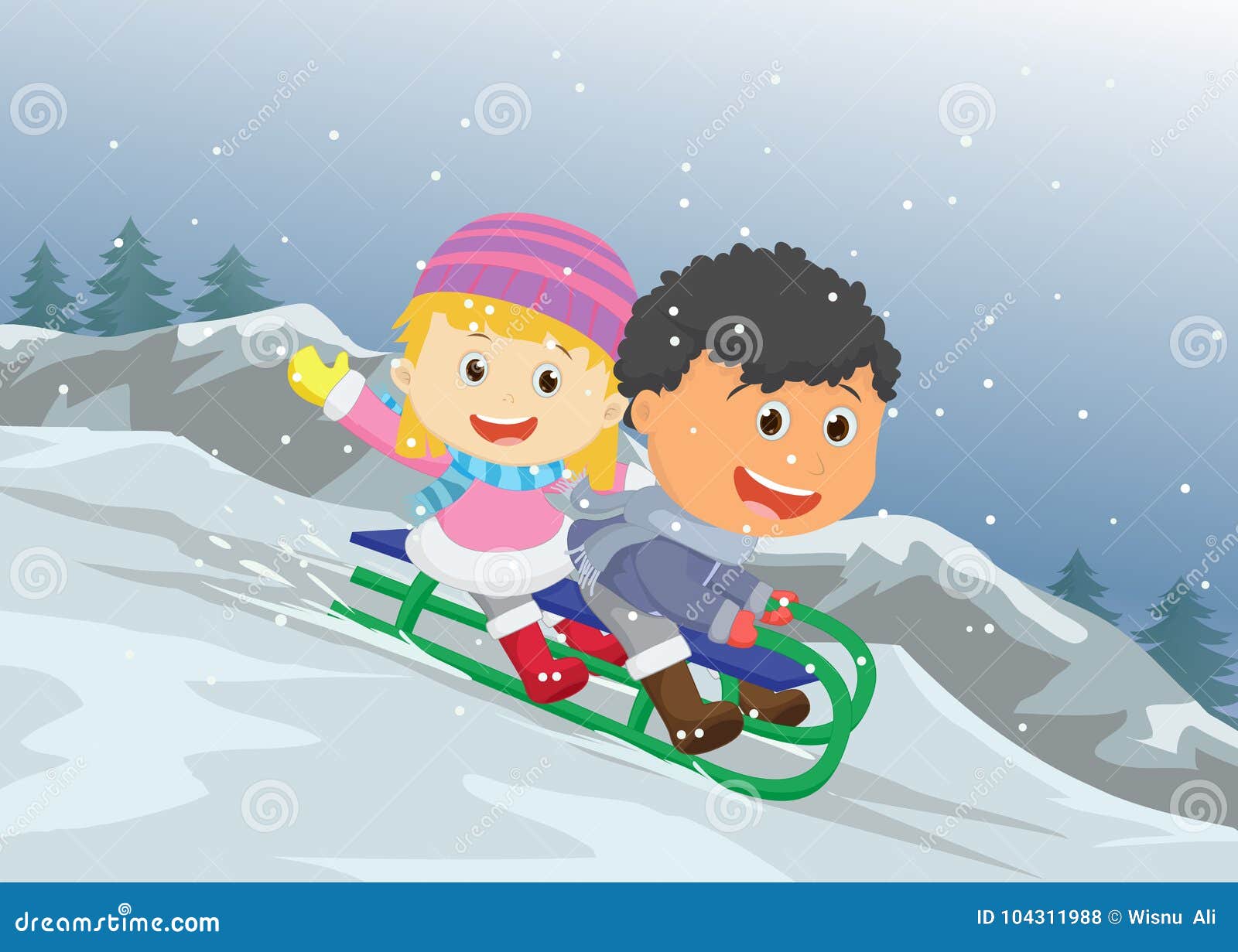 Happy kids playing sledge stock vector. Illustration of sled - 104311988
