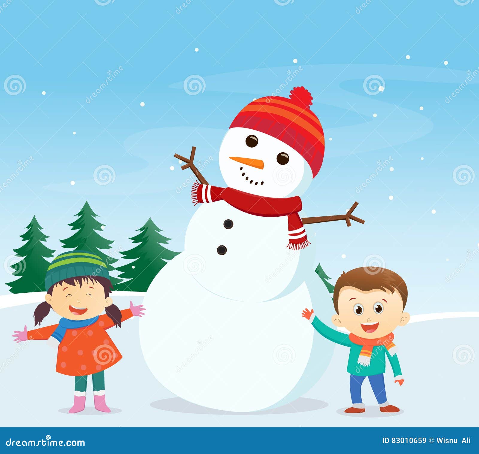 Happy Kids Playing With Snowman Cartoon Vector | CartoonDealer.com ...