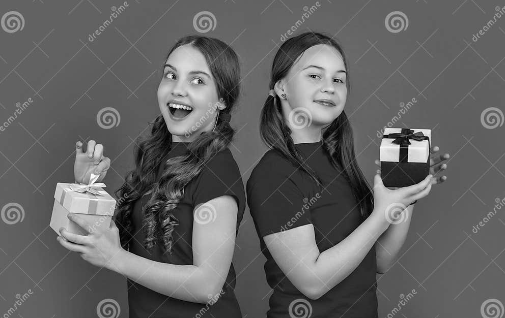 Happy Kids with Present Boxes on Red Background Stock Photo - Image of ...