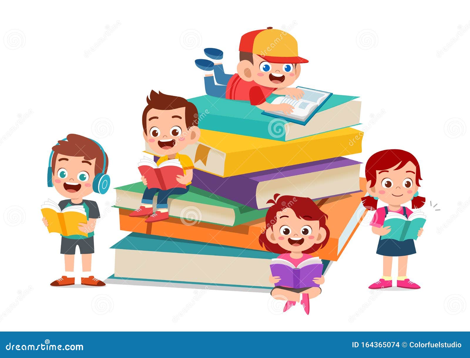 Happy Kids Read Book and Study Together Stock Illustration ...