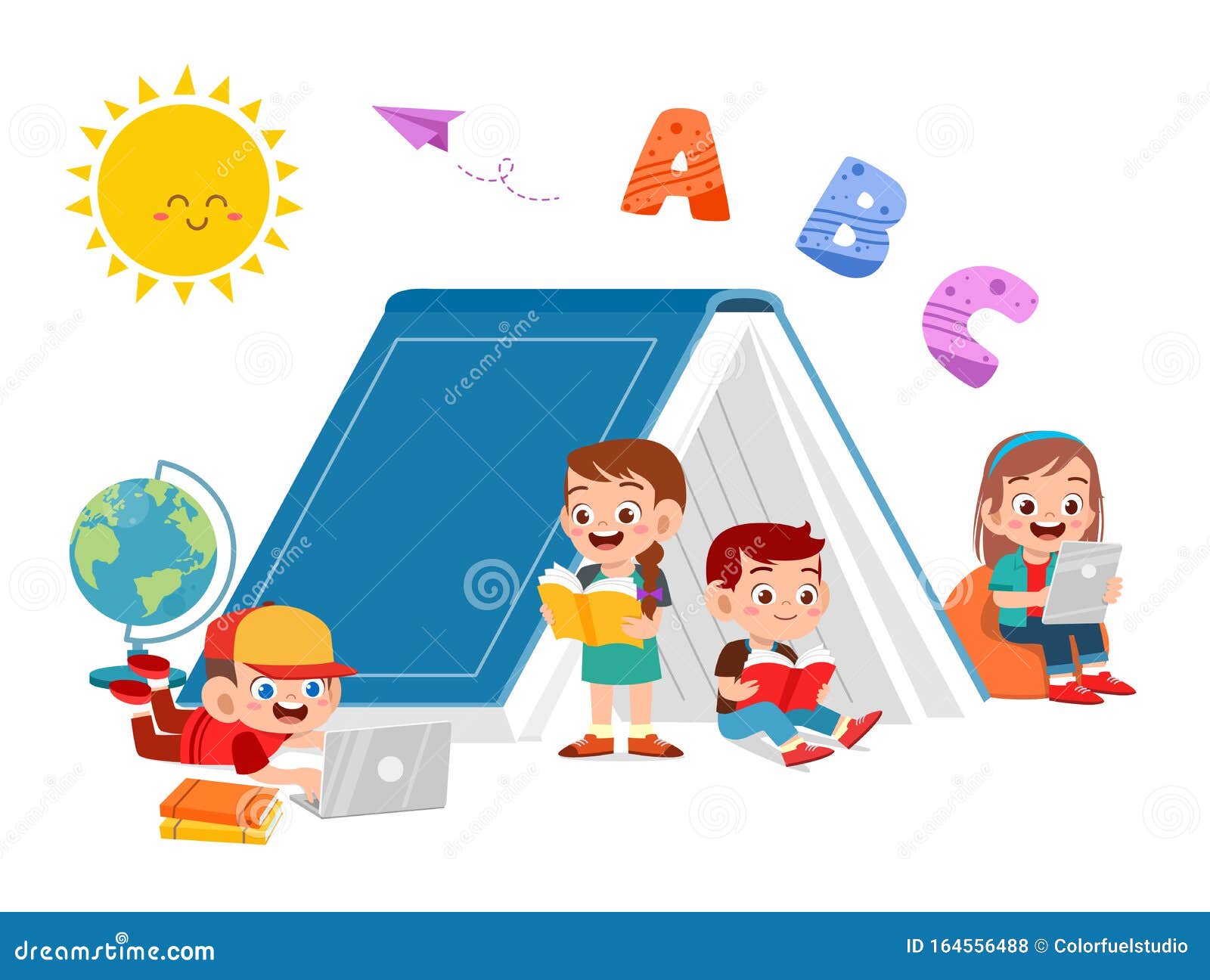 Happy Kids Read Book and Study Together Stock Illustration ...