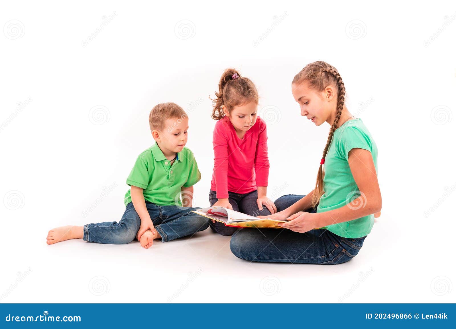 Happy Kids Reading a Book Isolated on White Stock Photo - Image of ...