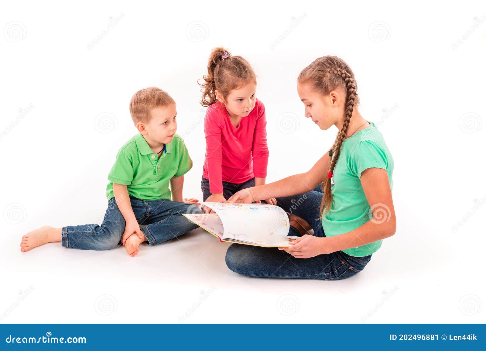 Happy Kids Reading a Book Isolated on White Stock Image - Image of girl ...