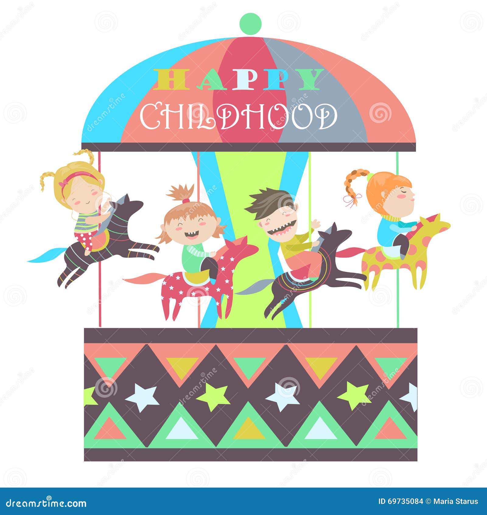Happy Kids Riding Merry Go Round Stock Vector - Illustration of ...