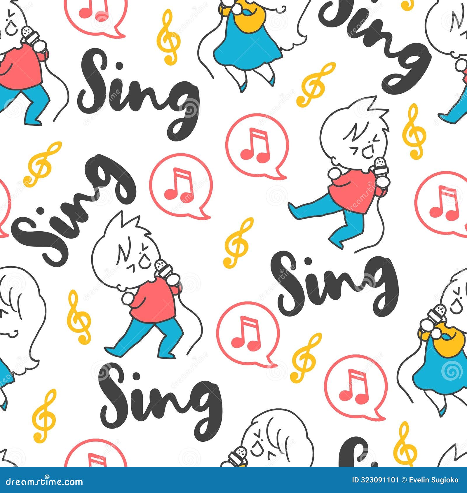 Happy Kids Singing with Music Notes Pattern Art Stock Vector ...