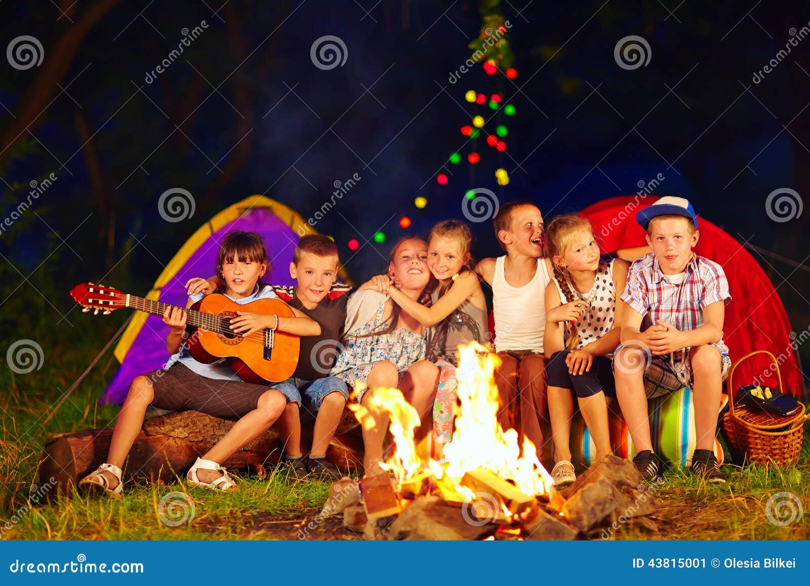 Happy Kids Singing Songs Around Camp Fire Stock Image - Image of ...