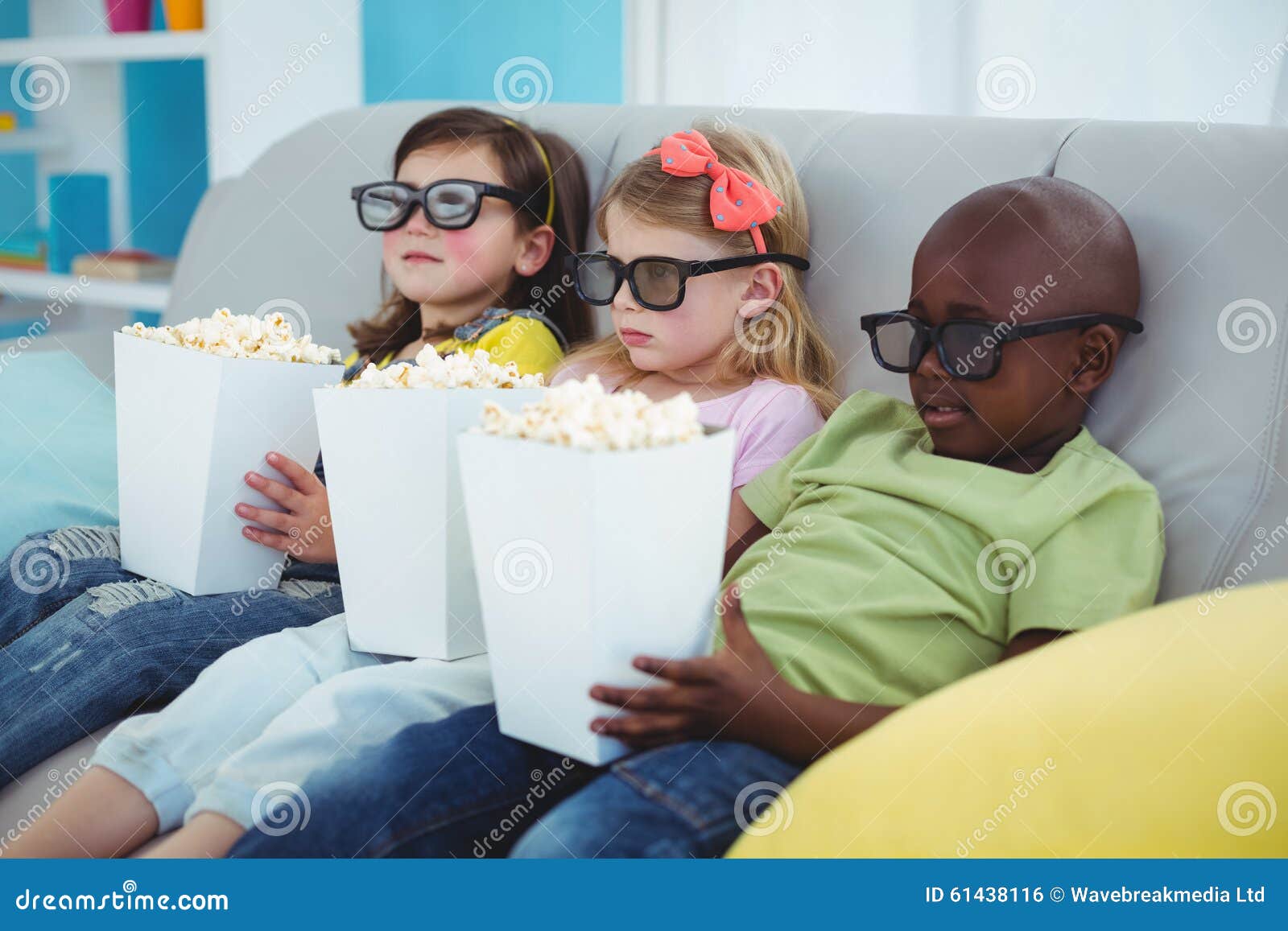 Happy Kids Sitting Together with Boxes of Popcorn Stock Photo - Image ...