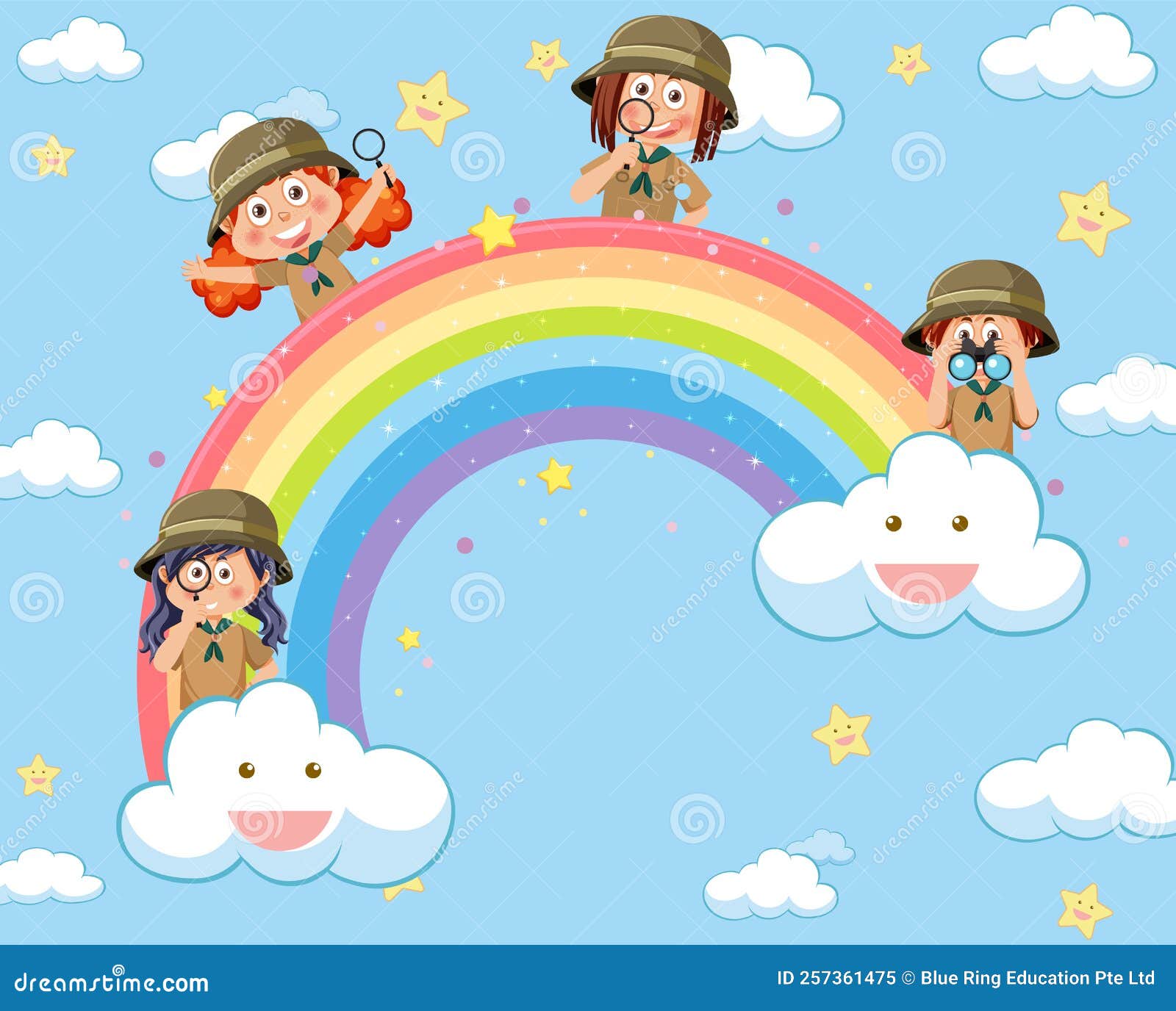 Happy Kids in in the Sky with Rainbow Stock Vector - Illustration of ...