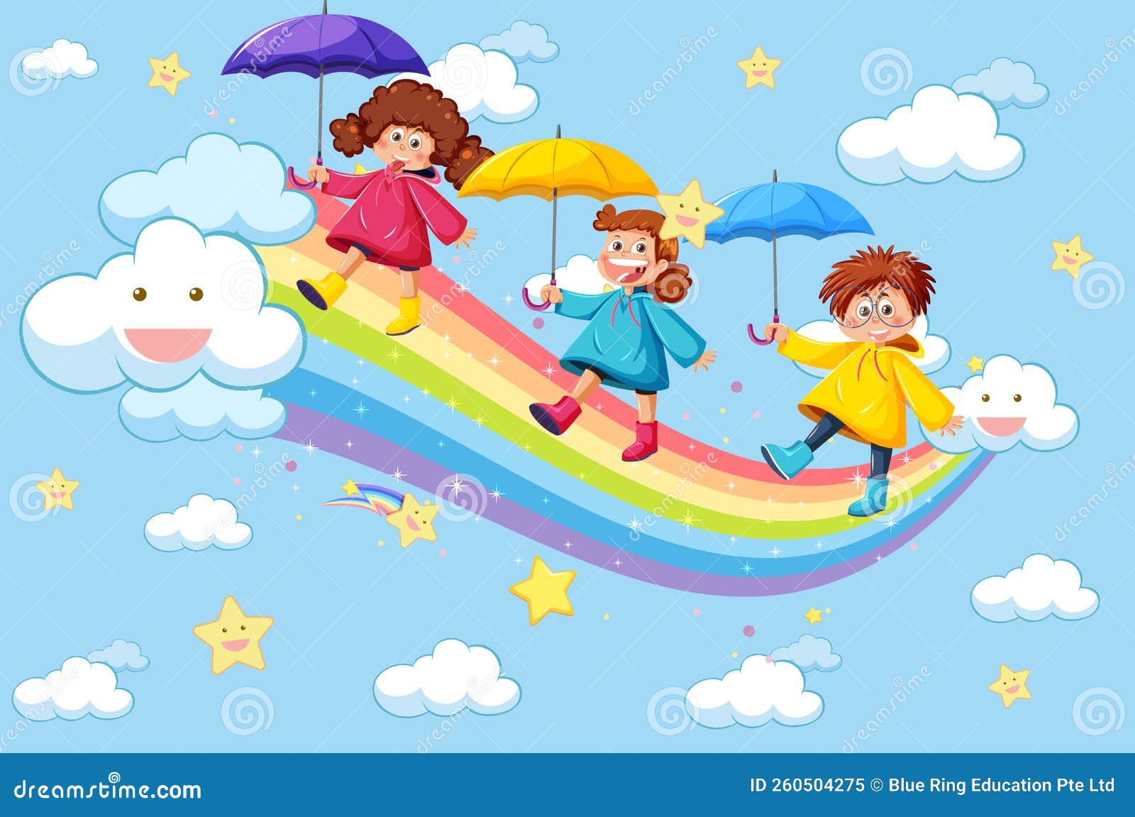 Happy Kids in in the Sky with Rainbow Stock Vector - Illustration of ...