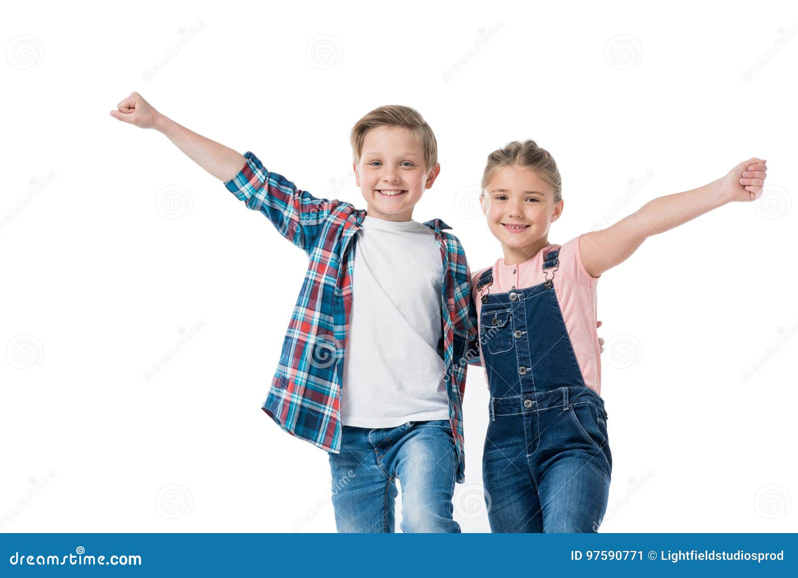 Happy Kids Standing Embracing with Raised Hands and Smiling at Camera ...