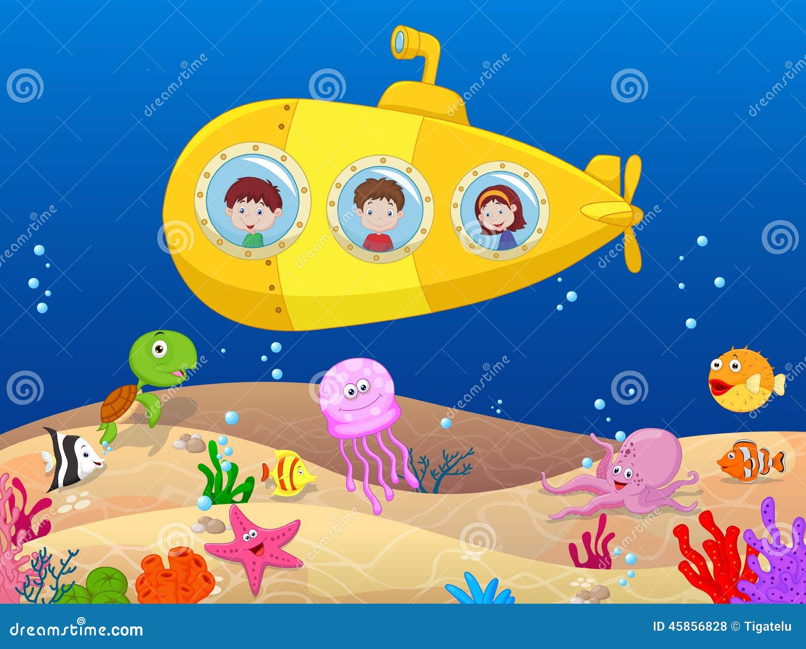 Happy kids in submarine stock vector. Illustration of swim - 45856828