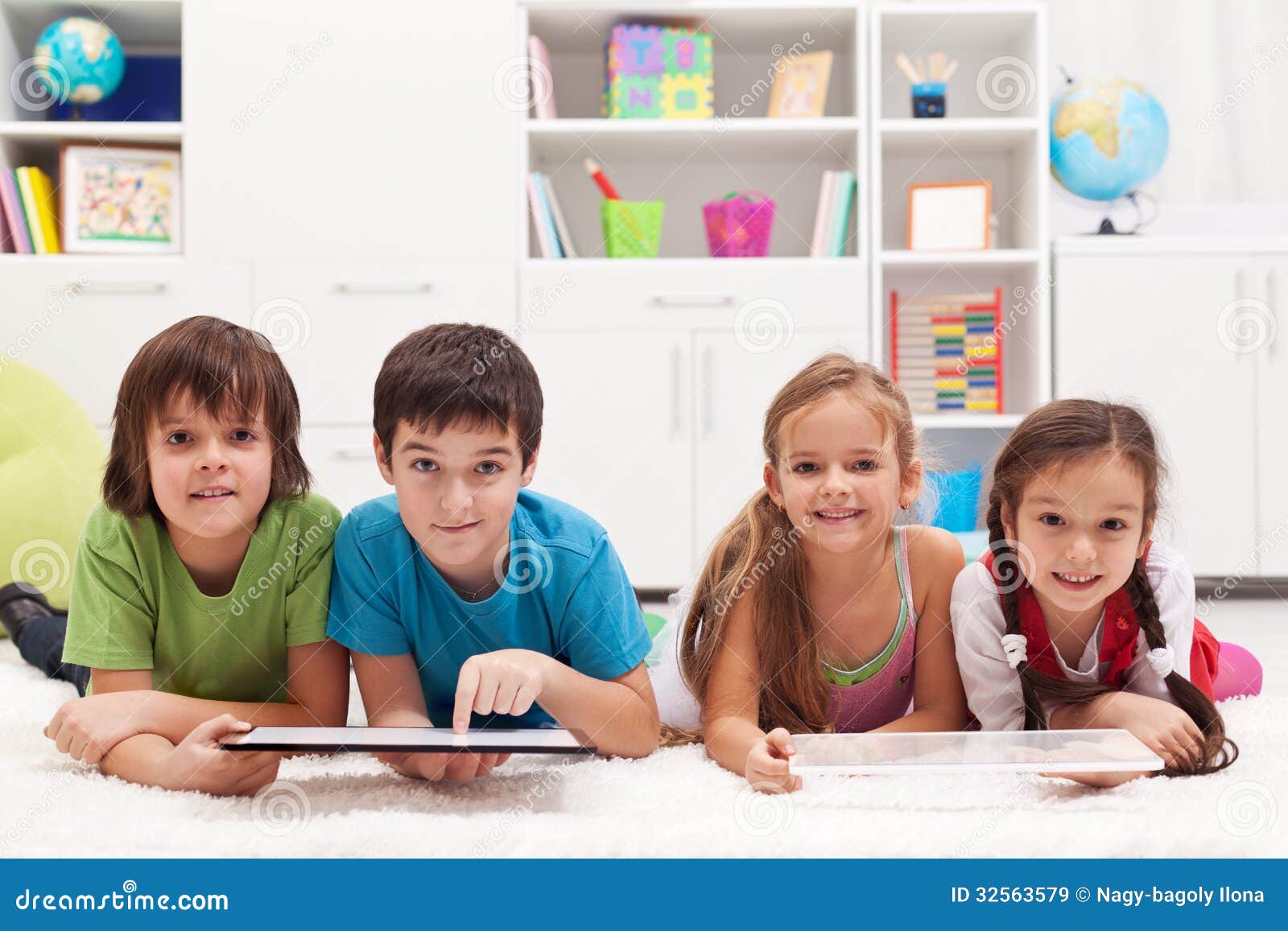 Happy Kids with Tablet Computers Stock Image - Image of background ...