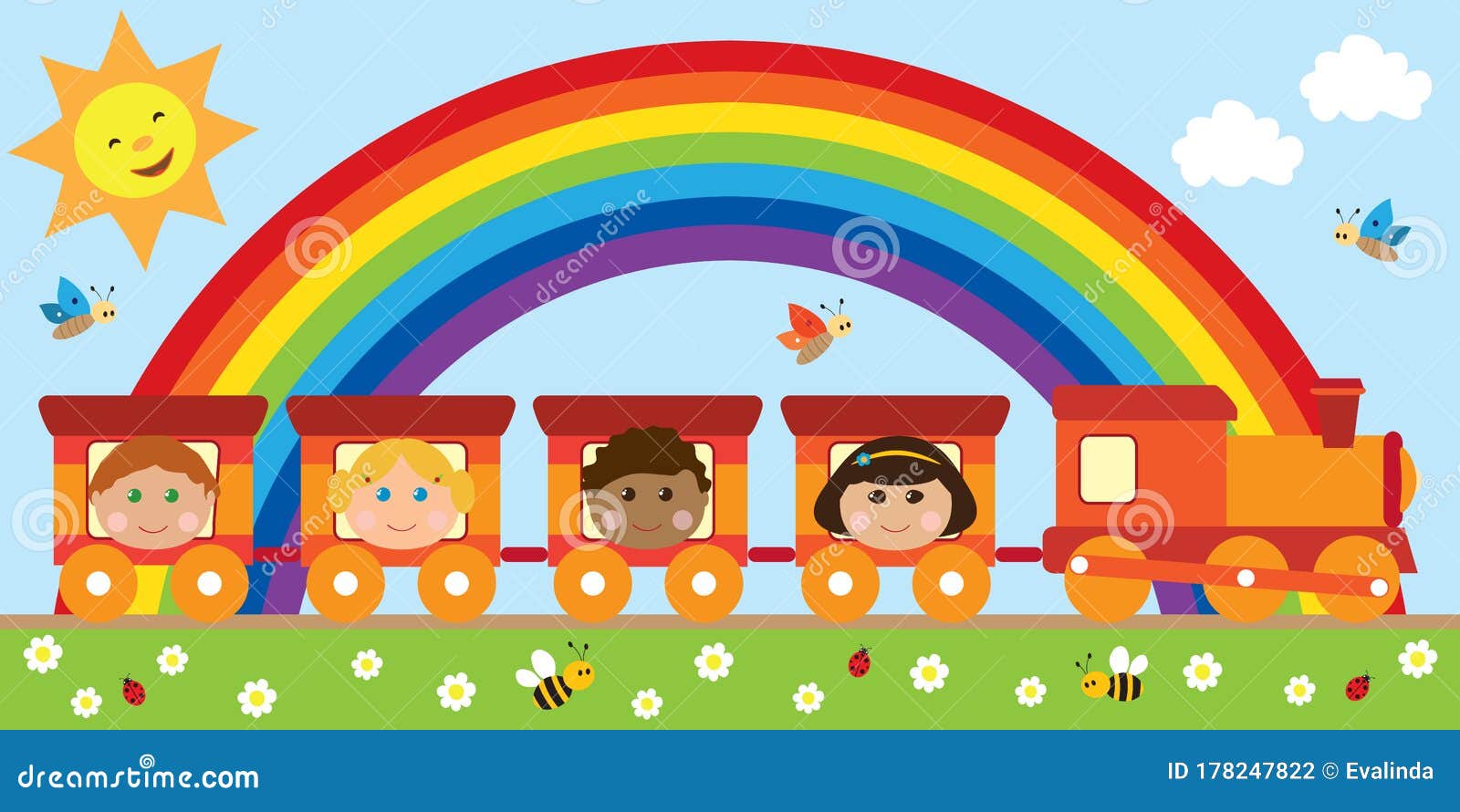 Happy kids on the train. stock illustration. Illustration of meadow ...