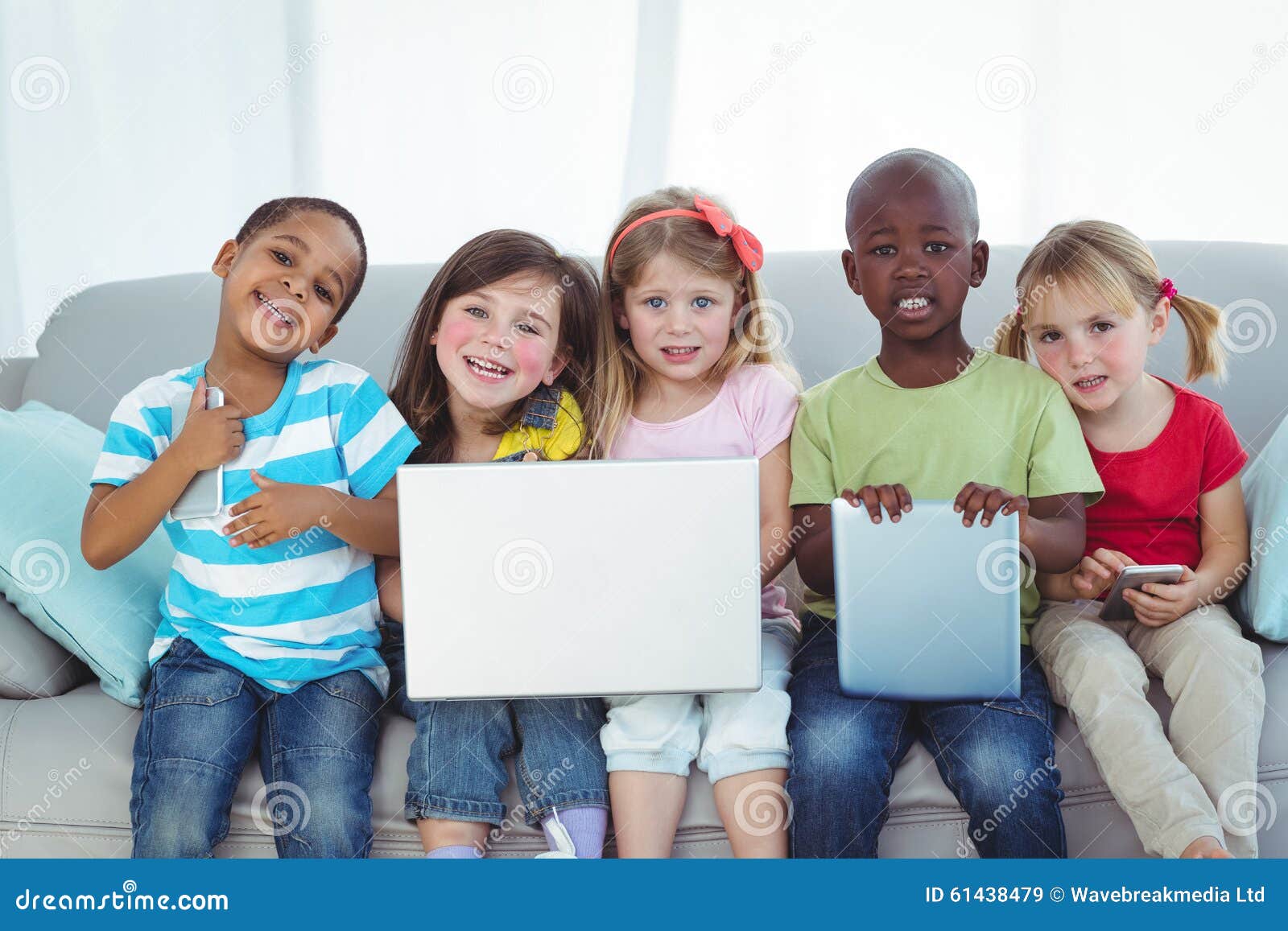 Happy Kids Using Technology while Sitting Stock Image - Image of ...