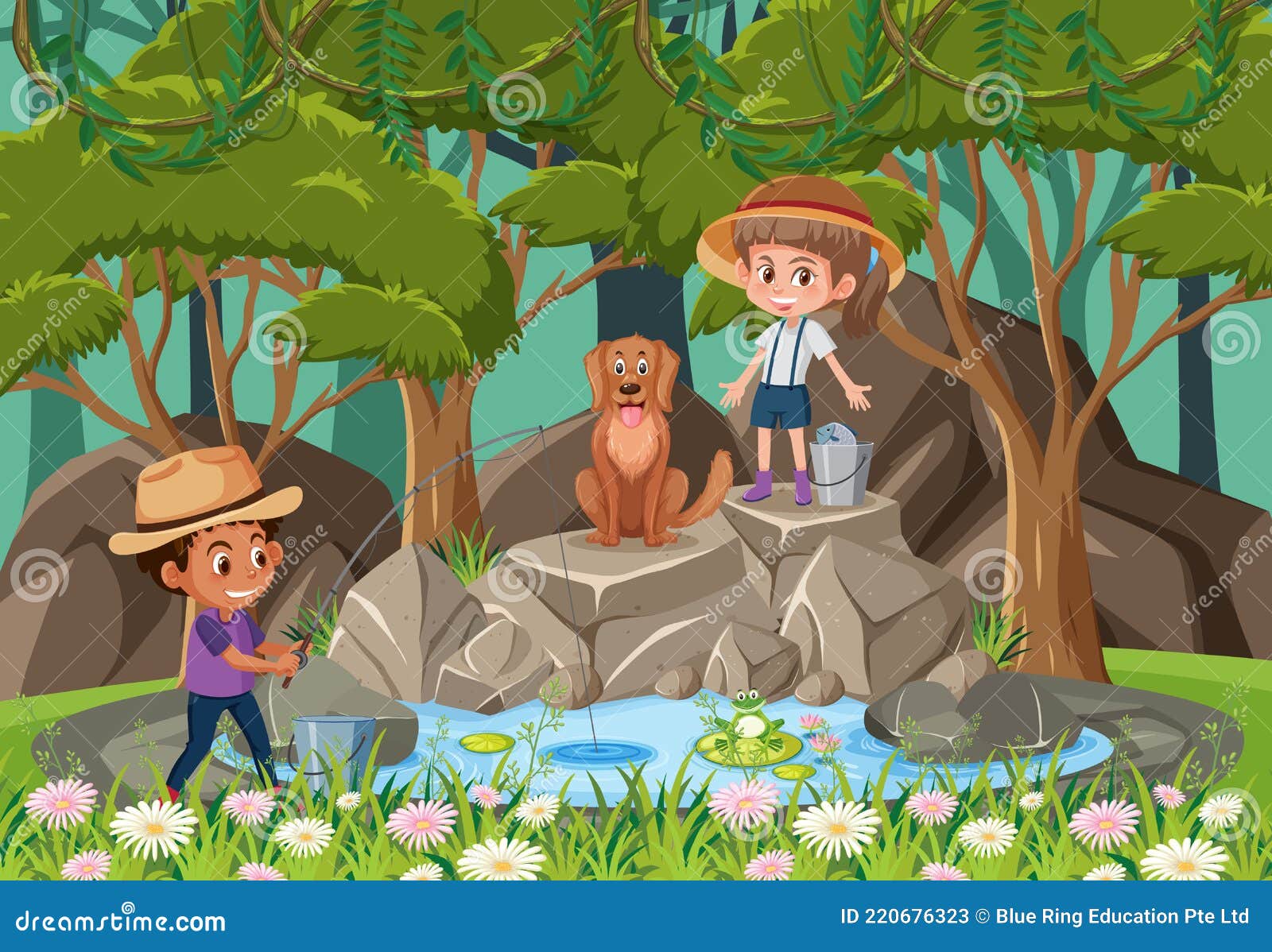 Happy Kids at the Waterfall Stock Vector - Illustration of children ...