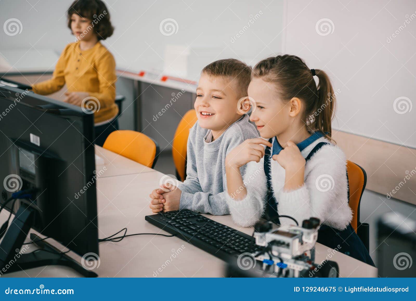 Happy Kids Working with Computer Together Stock Image - Image of school ...