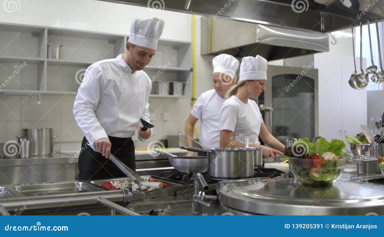 Happy Kitchen Crew with Chef Singing and Dancing while Cooking Stock ...