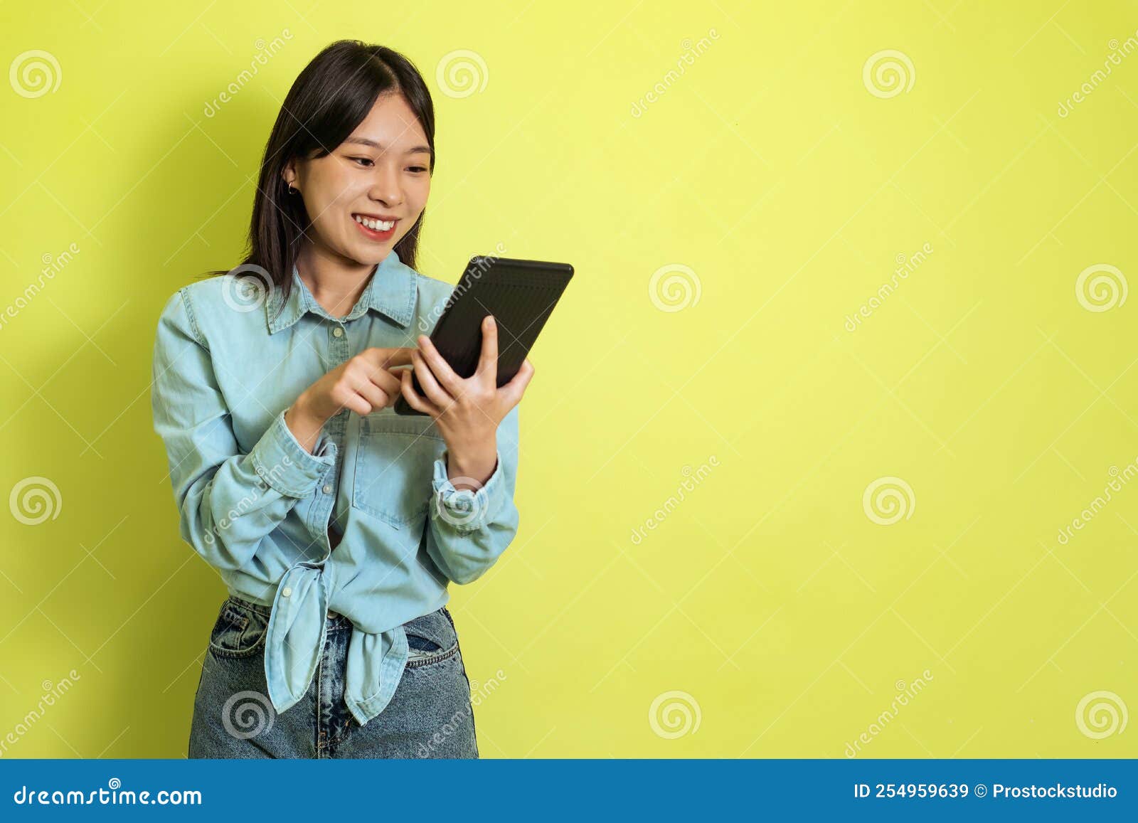Happy Korean Lady Using Digital Tablet Learning Online, Yellow ...