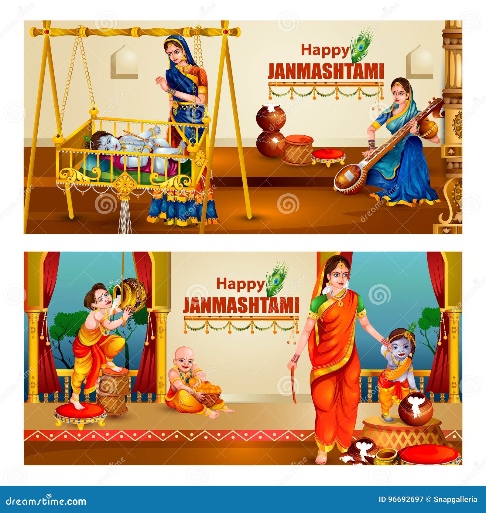 Happy Krishna Janmashtami Background With Matki, Makhan, Flute, Peacock ...