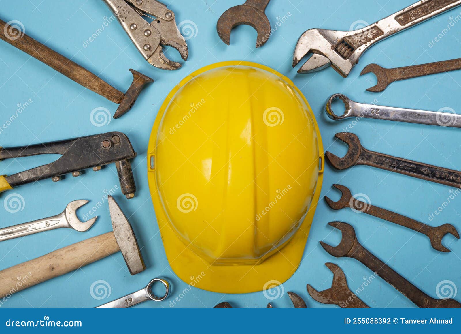 Happy Labor Day Concept with Safety Cap and Hardware Tools Stock Photo ...