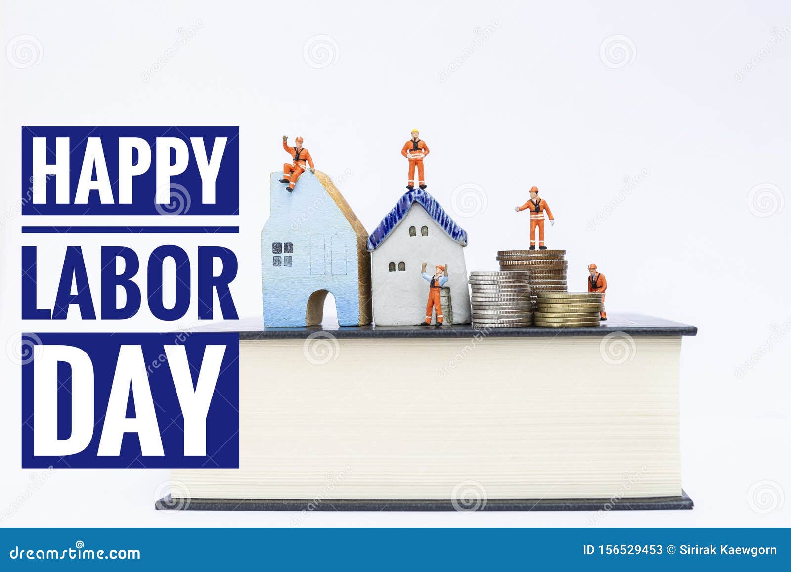 Happy Labor Day with Miniature Worker in Safety Suit on Coins Stack and ...