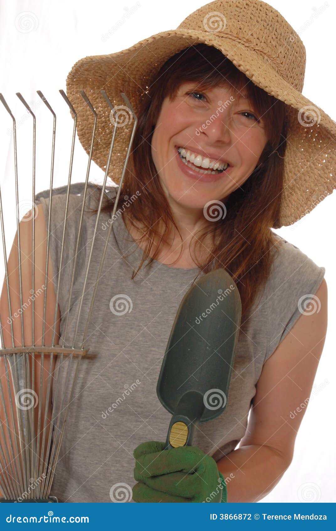 Happy lady gardener stock photo. Image of laughing, rake - 3866872