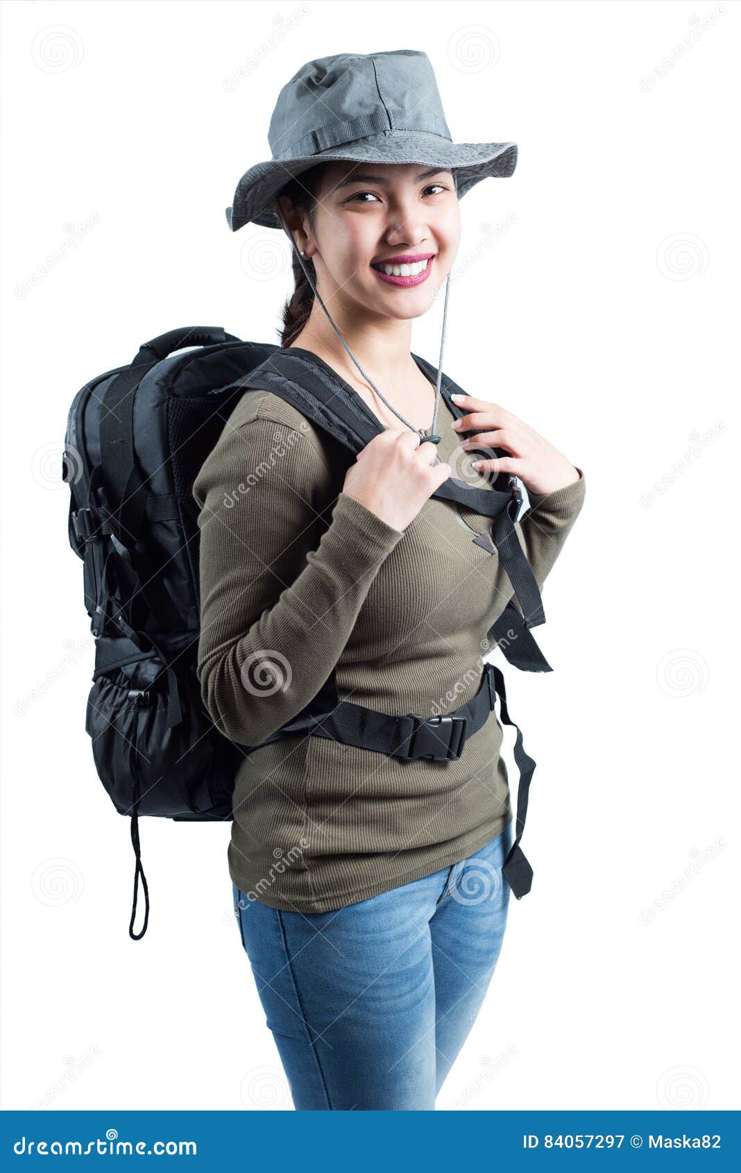 Happy lady hiker stock image. Image of adventure, lady - 84057297