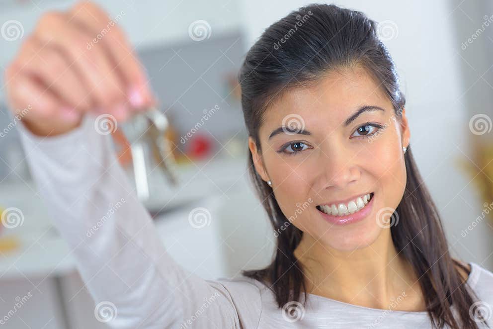 Happy Lady Showing Set Keys Stock Photo - Image of happy, satisfied ...