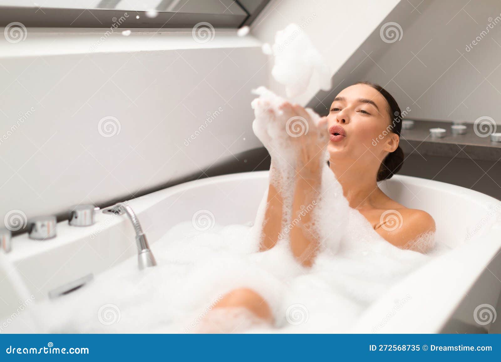 Lady Taking Bath Having Fun Blowing Foam Bubbles In Bathroom Stock Image Image Of Hands