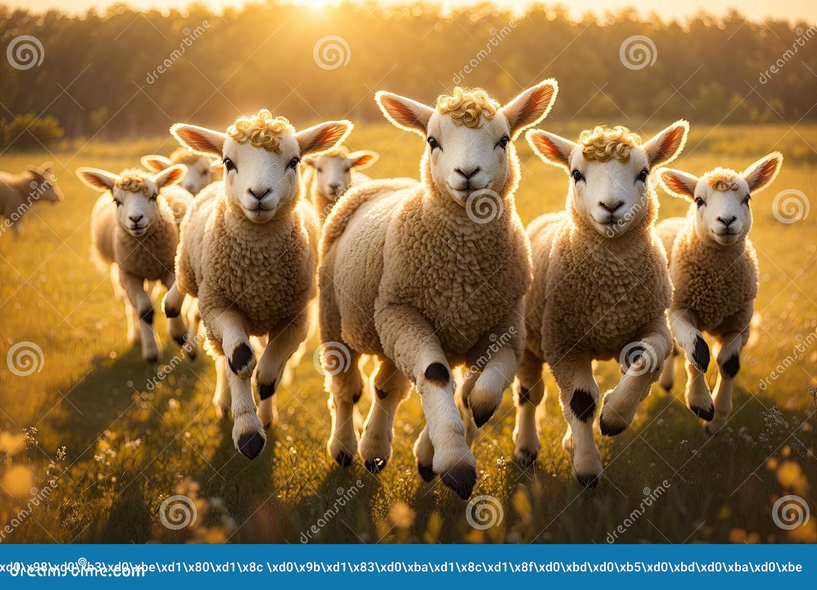 Happy Lambs Running in the Meadow Sunset. Ai Generative Stock Photo ...