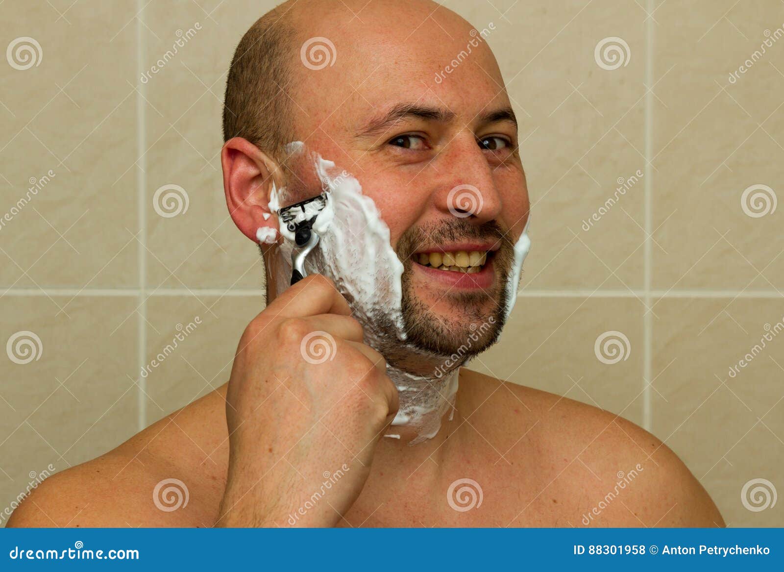 Happy Laughing Man Shaving His Face Stock Photo - Image of grooming ...