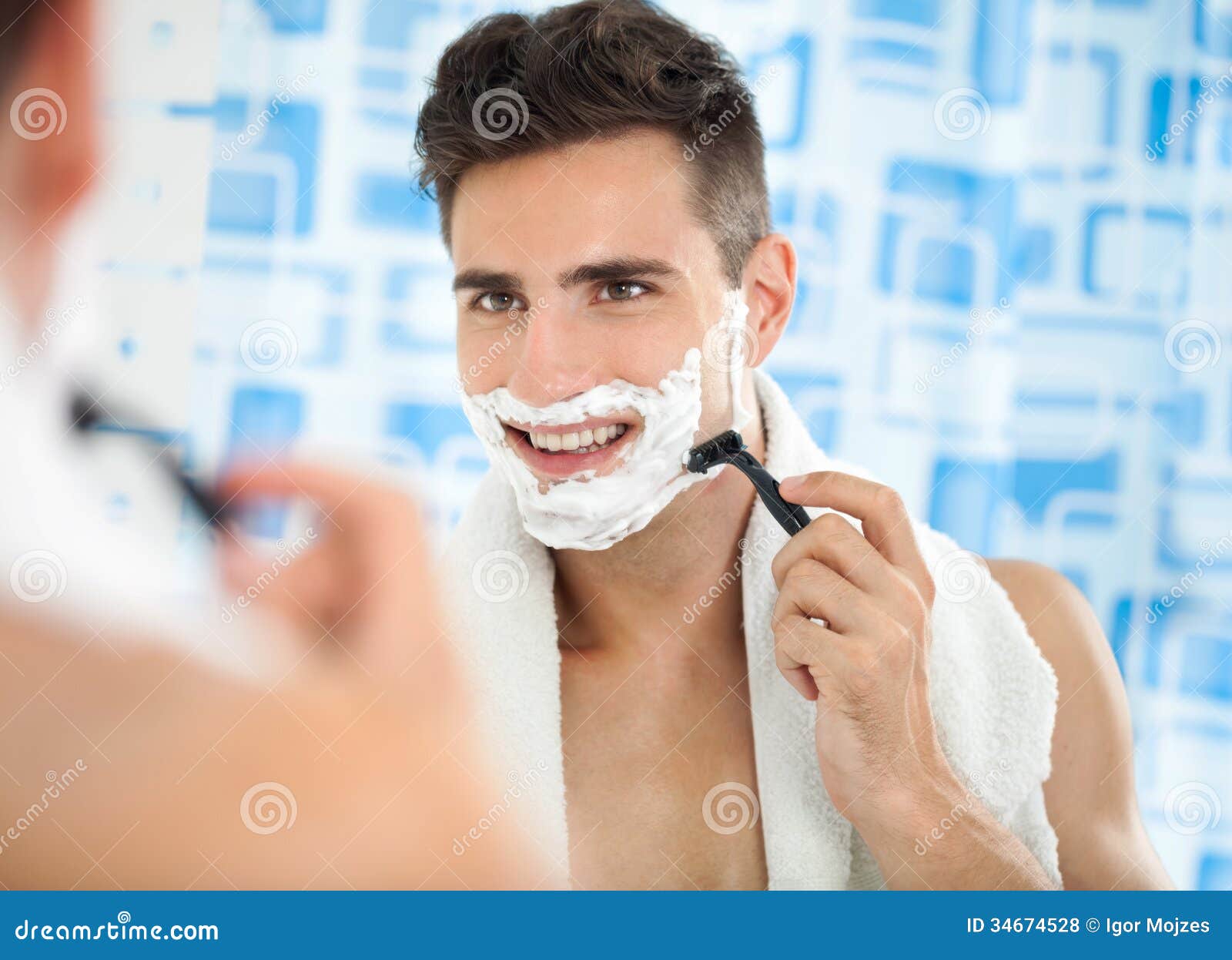 Happy Laughing Man Shaving His Face Stock Photo - Image of complexion ...