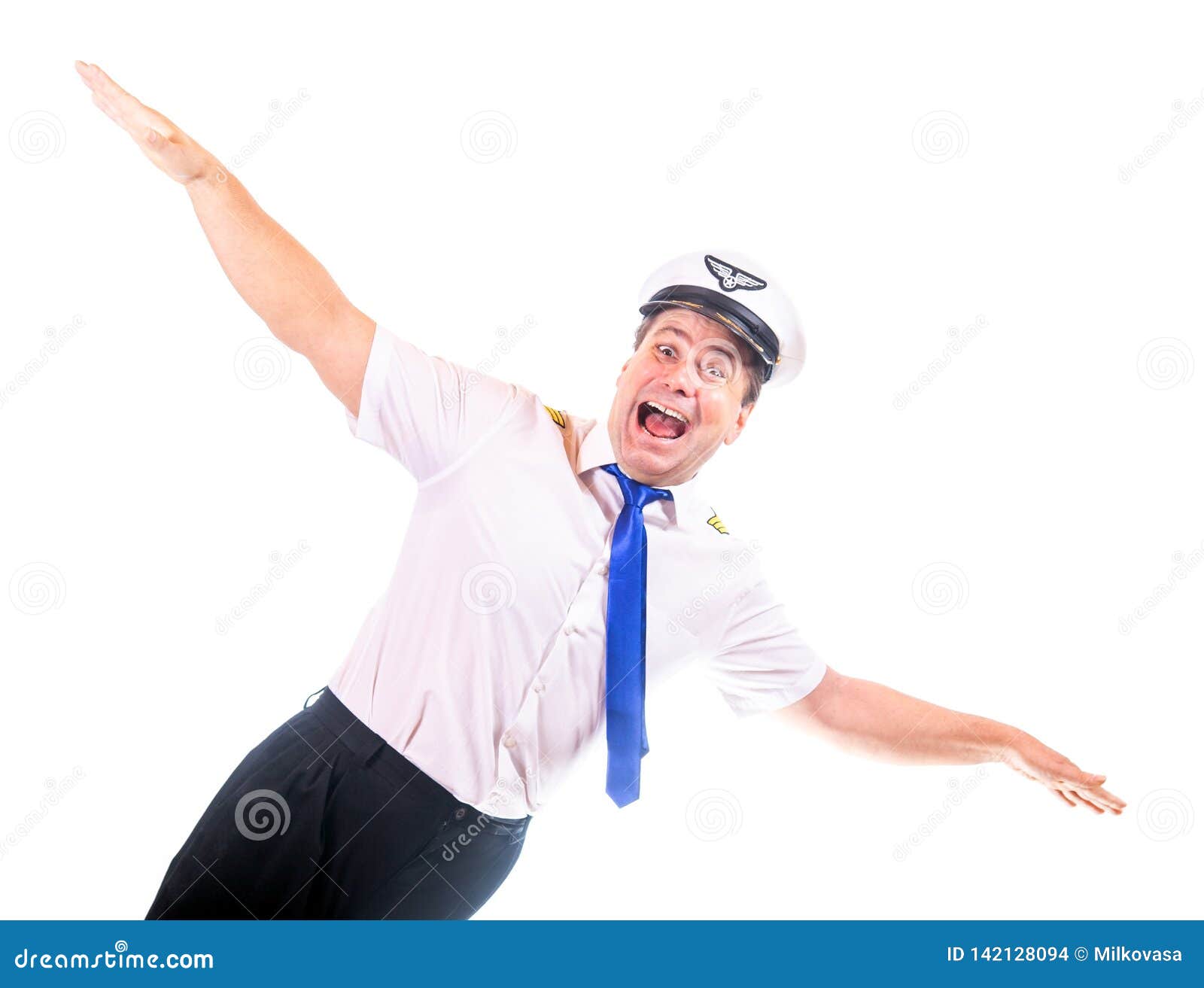 Happy Laughing Pilot in Uniform Gesturing Flight Stock Photo - Image of ...