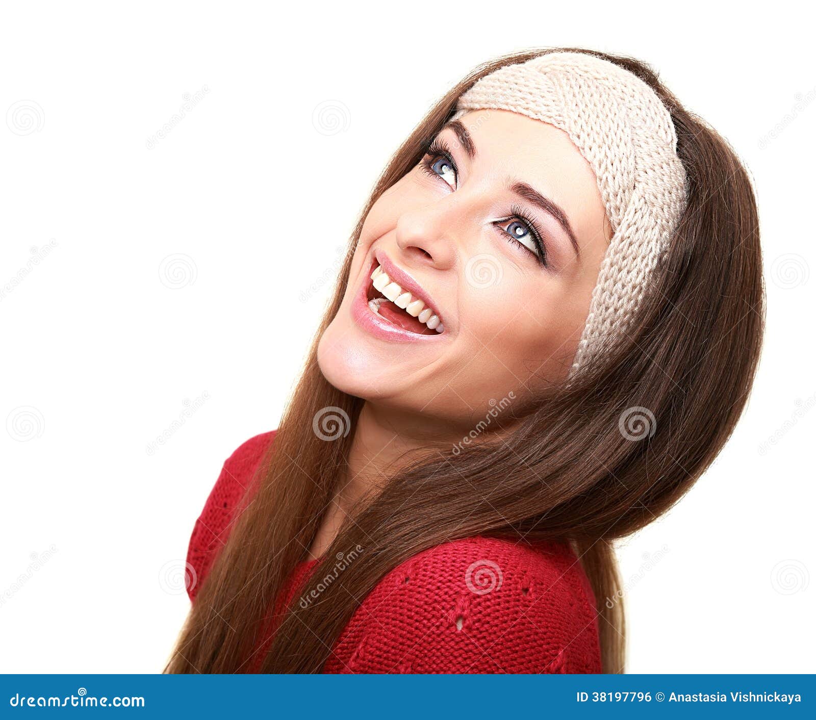 Happy Laughing Woman Looking Up Isolated Stock Photo - Image of closeup ...