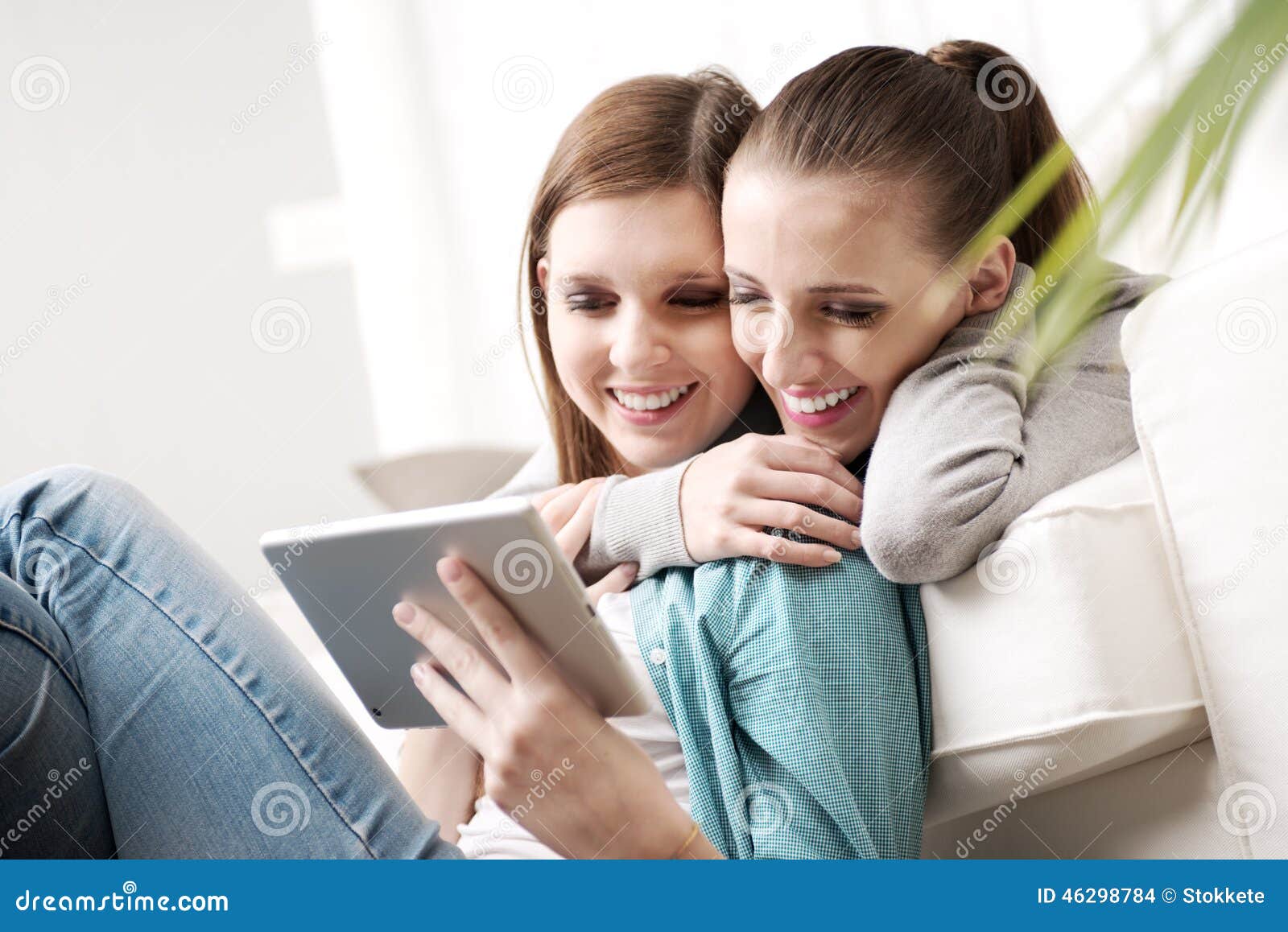 Happy Lesbian Couple with Tablet Stock Photo - Image of cohabitation ...