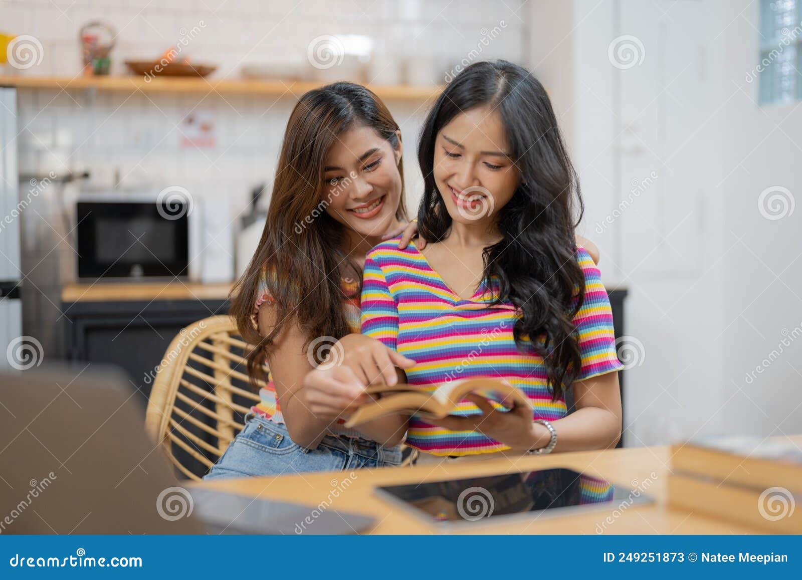 Happy Lesbian Lgbtq Couple In Love Cuddling Laughing Having Fun At