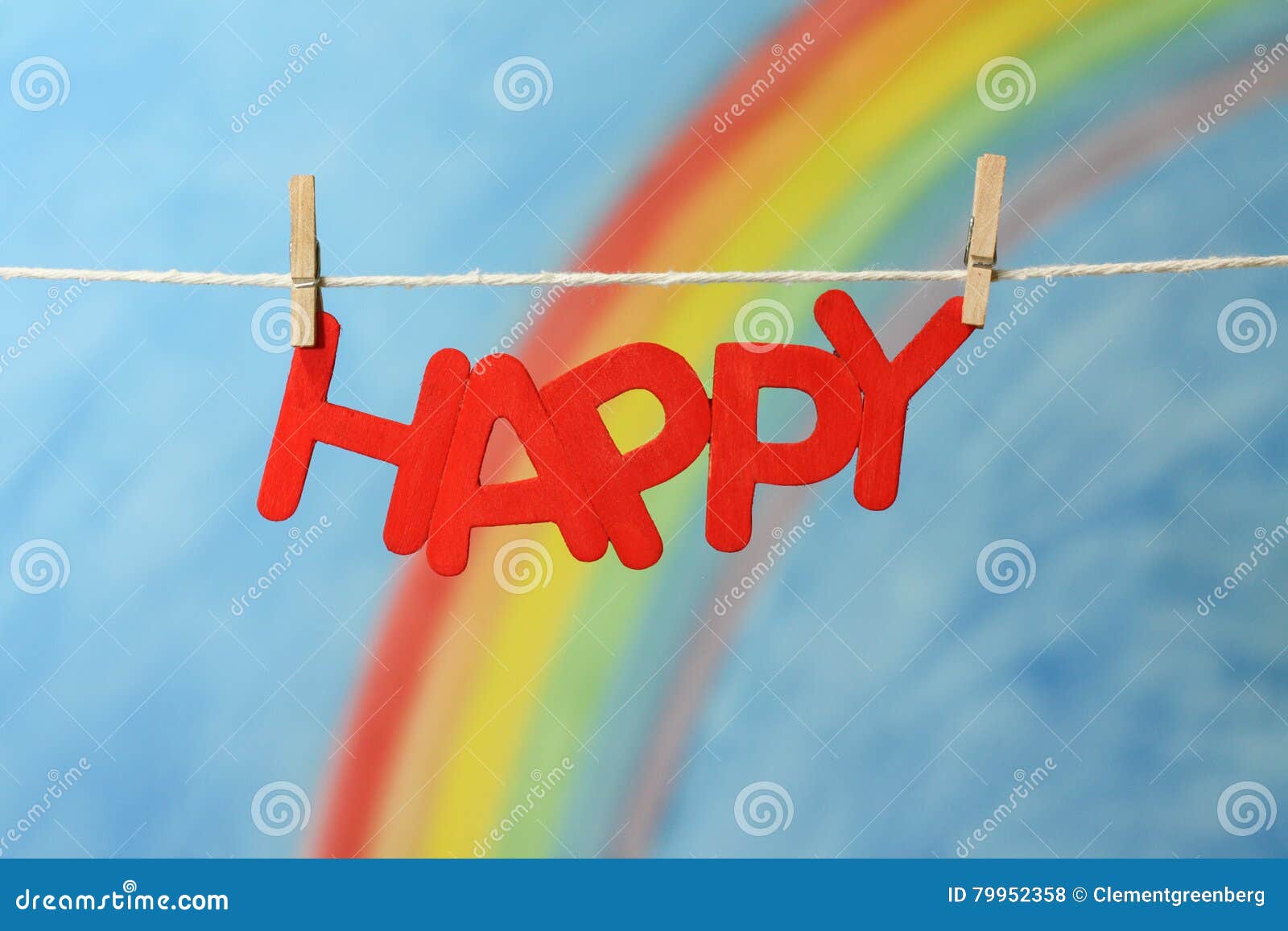 The Word Happy with a Blue Sky and Colorful Rainbow. Stock Photo ...
