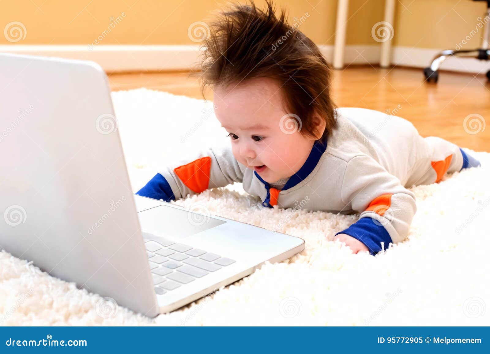 Happy Little Baby Boy with a Laptop Stock Image - Image of multiracial ...