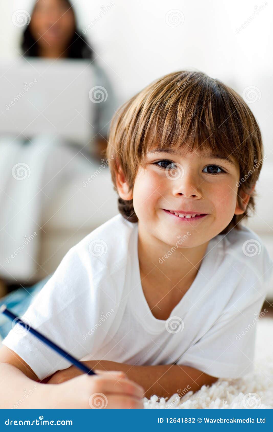 Happy Little Boy Drawing Lying on the Floor Stock Photo - Image of ...